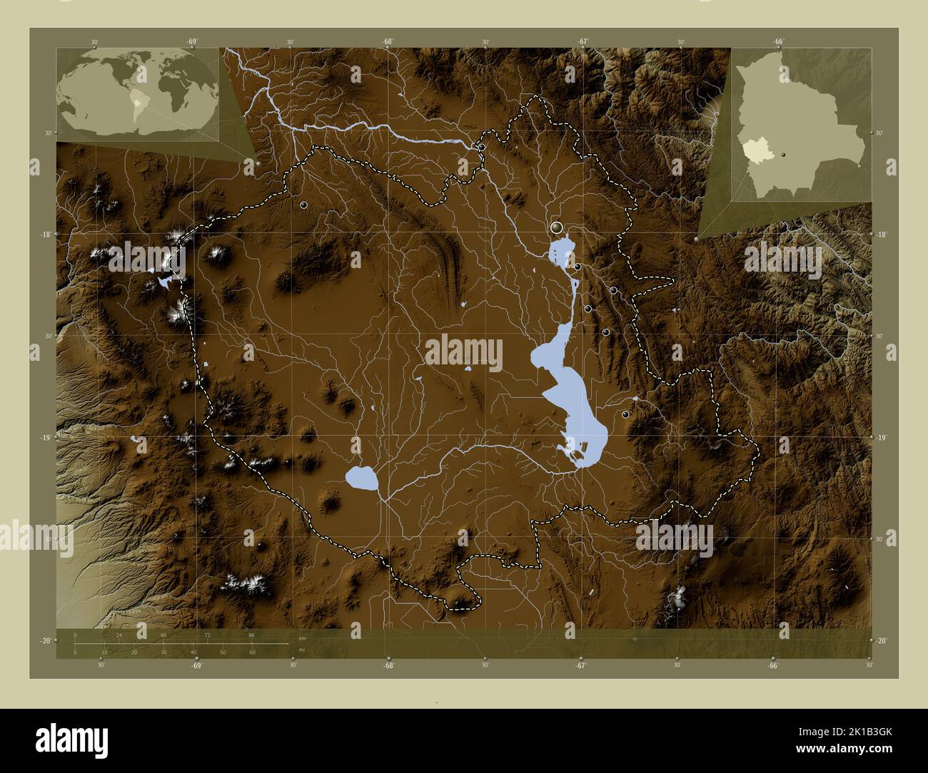 Oruro, department of Bolivia. Elevation map colored in wiki style with ...