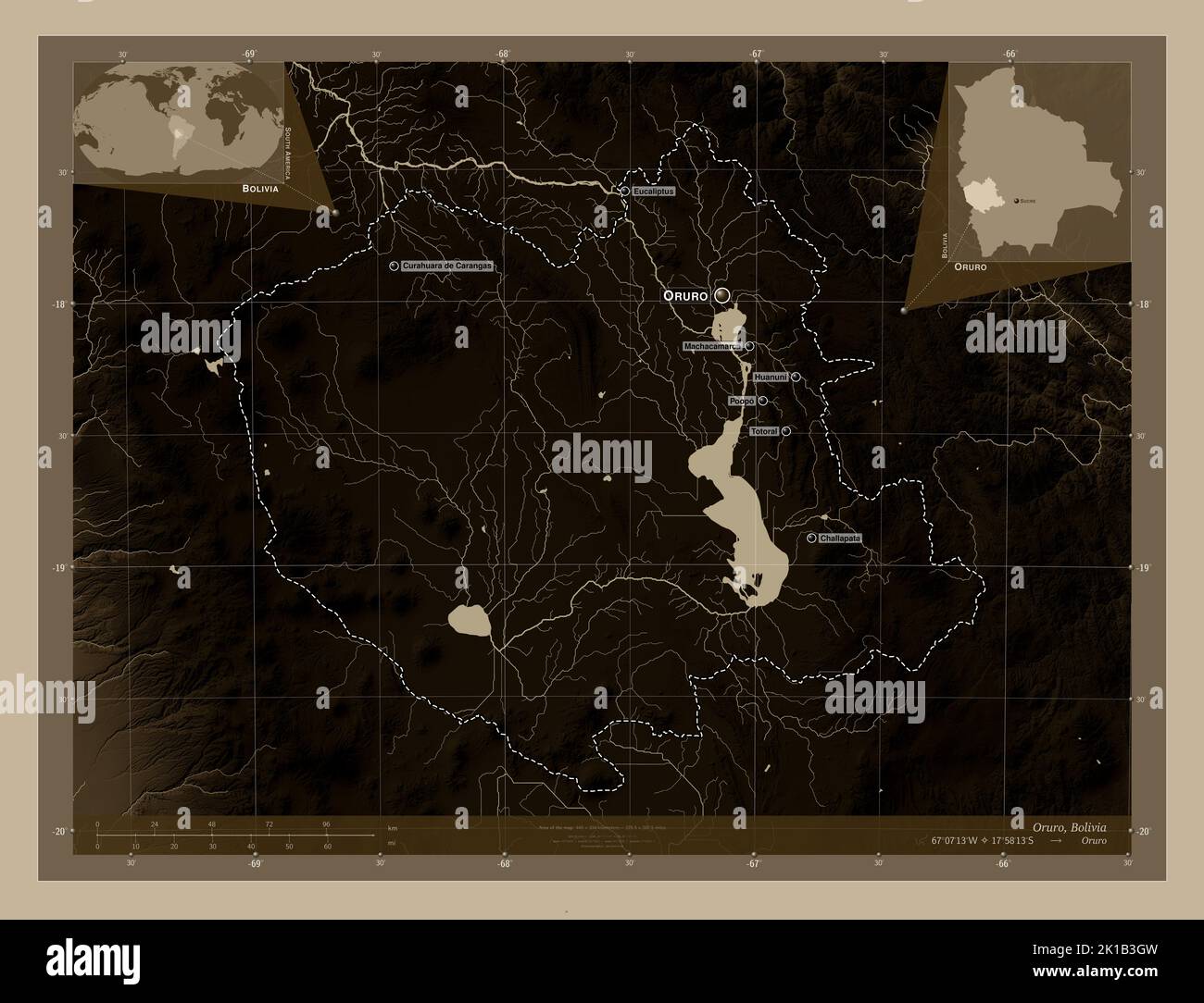 Oruro, department of Bolivia. Elevation map colored in sepia tones with lakes and rivers ...