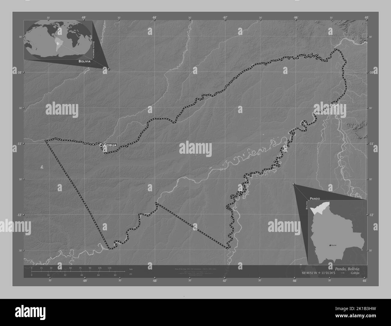 Pando, department of Bolivia. Grayscale elevation map with lakes and rivers. Locations and names ...