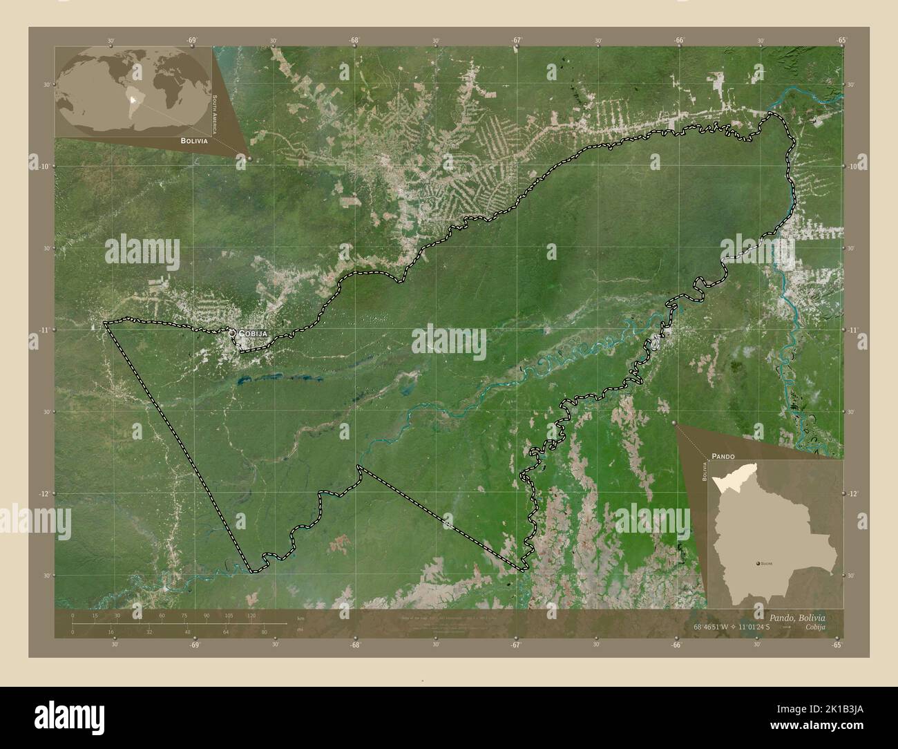 Pando, department of Bolivia. High resolution satellite map. Locations ...