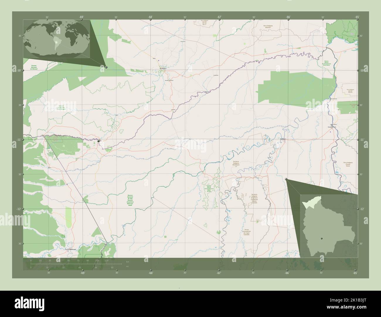 Pando, department of Bolivia. Open Street Map. Locations of major ...