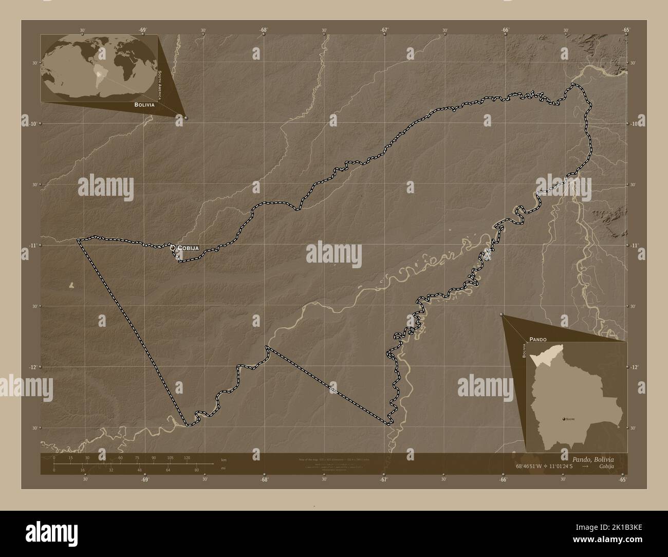 Pando, department of Bolivia. Elevation map colored in sepia tones with lakes and rivers ...