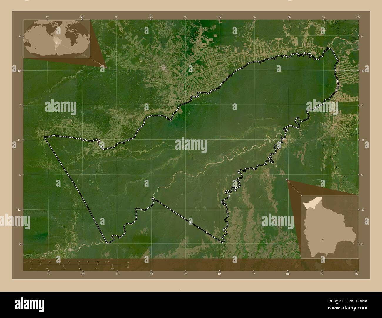 Pando, department of Bolivia. Low resolution satellite map. Locations ...