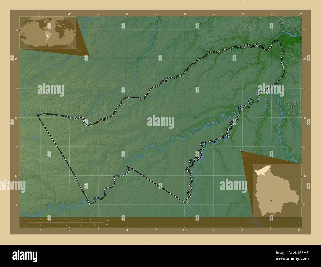 Pando, department of Bolivia. Colored elevation map with lakes and ...