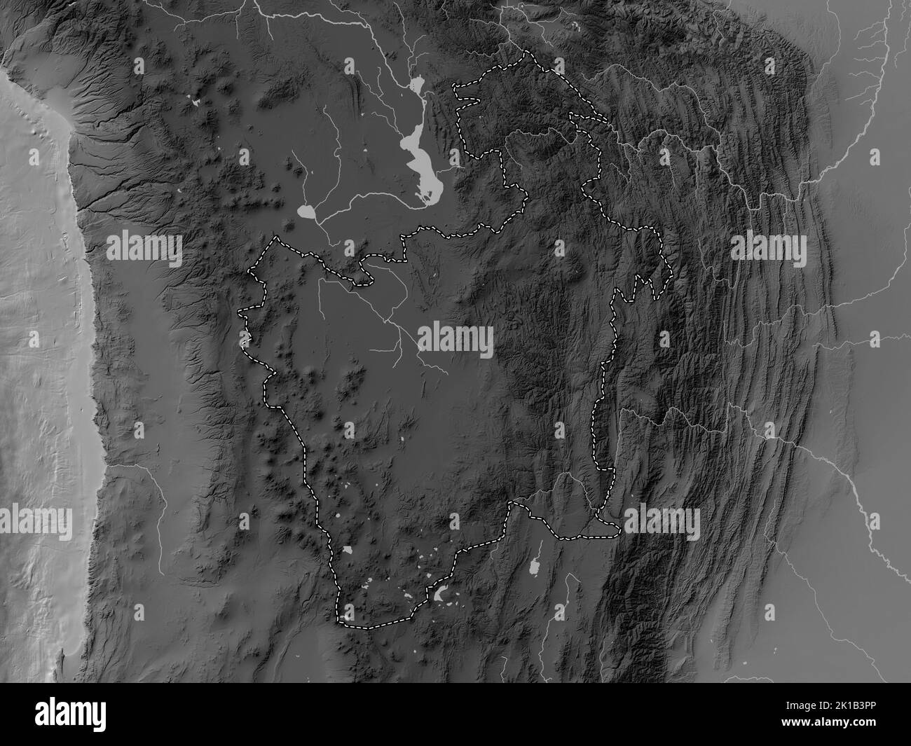 Potosi, department of Bolivia. Grayscale elevation map with lakes and rivers Stock Photo - Alamy