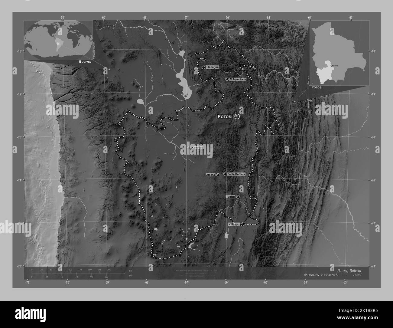 Potosi, department of Bolivia. Grayscale elevation map with lakes and rivers. Locations and ...