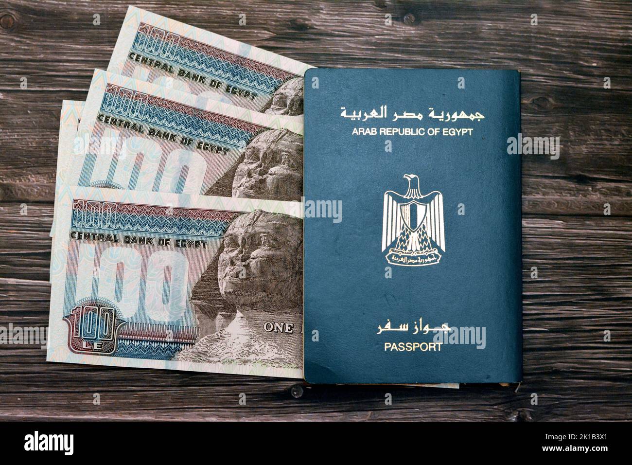 Egyptian passport with 100 EGP LE one hundred Egyptian pounds money ...
