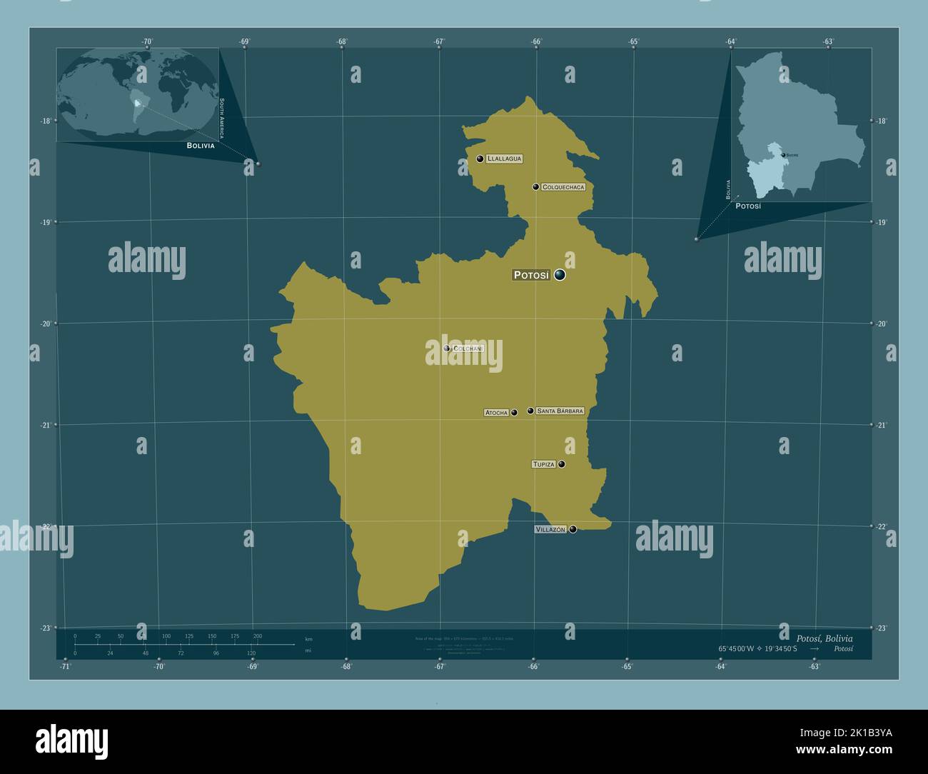 Potosi, department of Bolivia. Solid color shape. Locations and names ...
