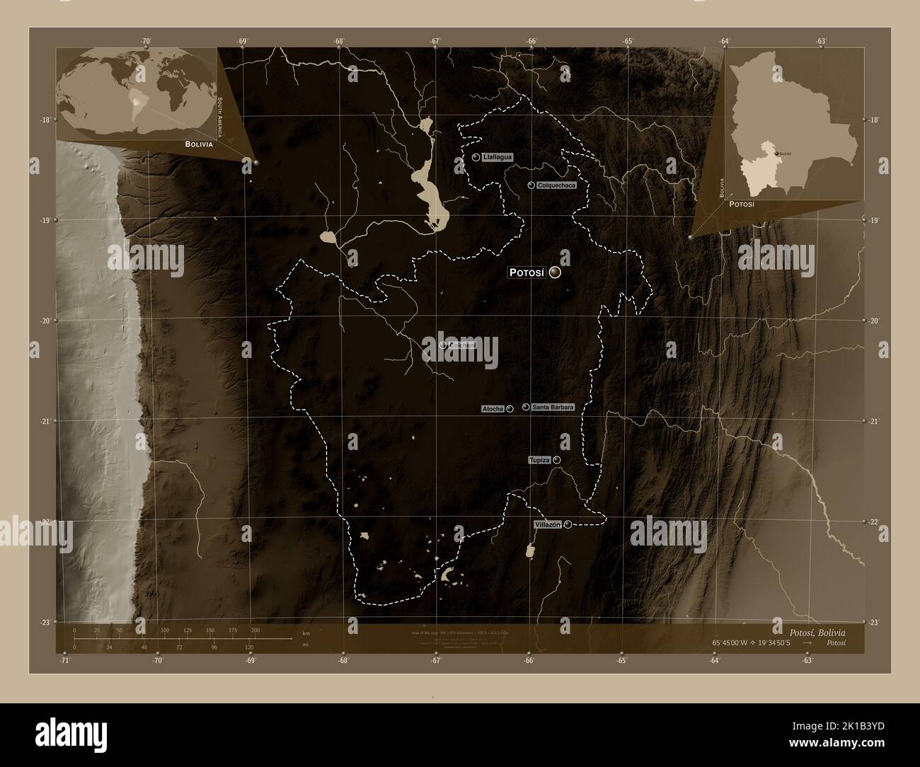 Potosi, department of Bolivia. Elevation map colored in sepia tones with lakes and rivers ...