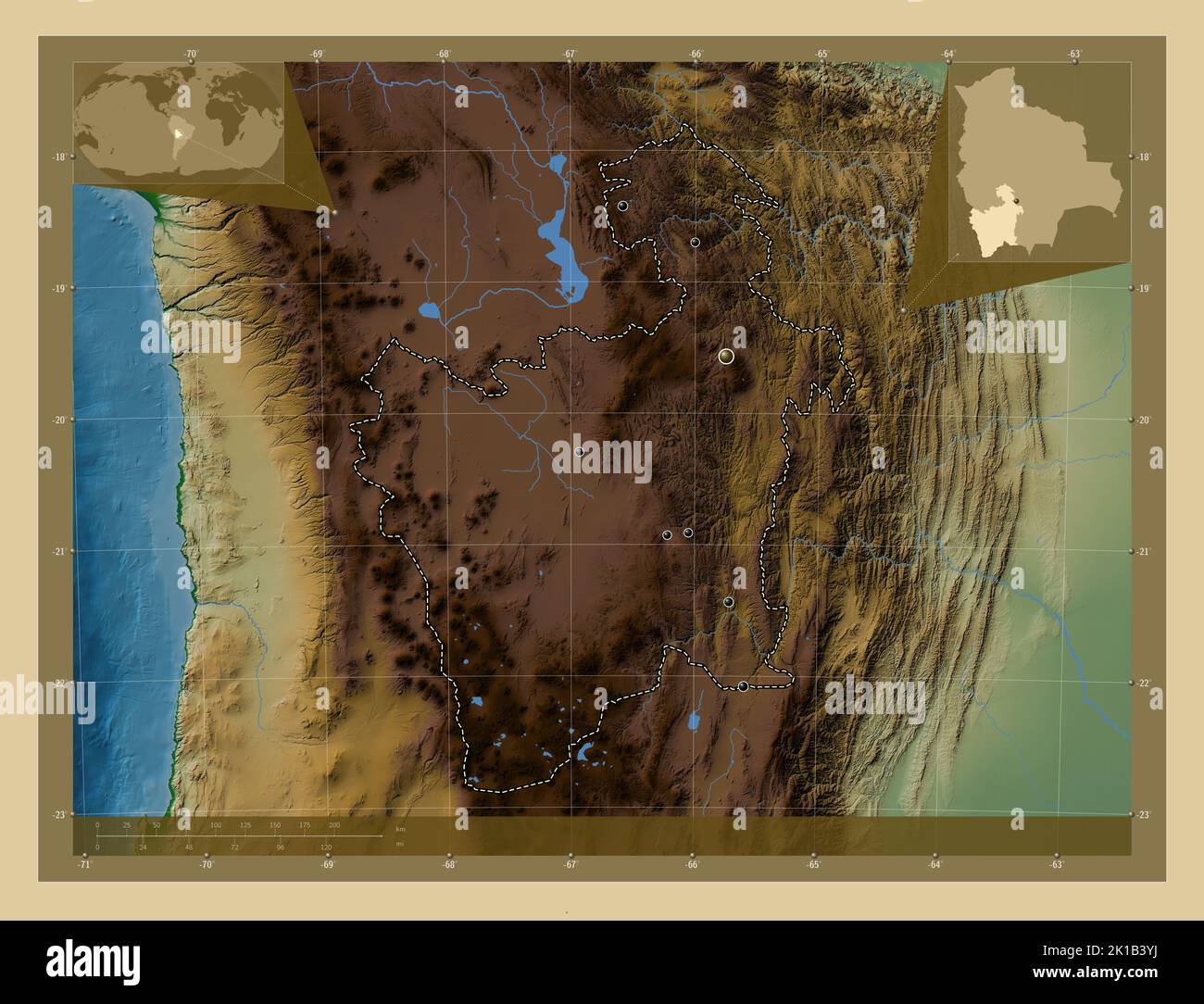 Potosi, department of Bolivia. Colored elevation map with lakes and ...
