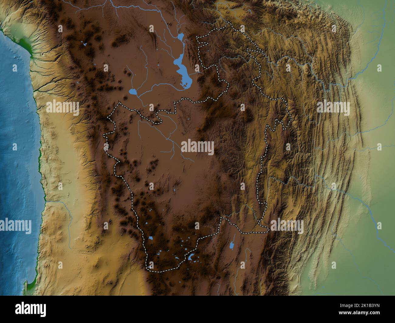 Potosi, department of Bolivia. Colored elevation map with lakes and ...