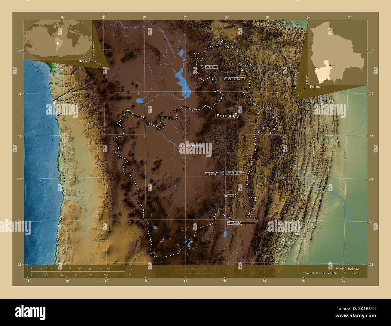 Potosi, department of Bolivia. Colored elevation map with lakes and ...