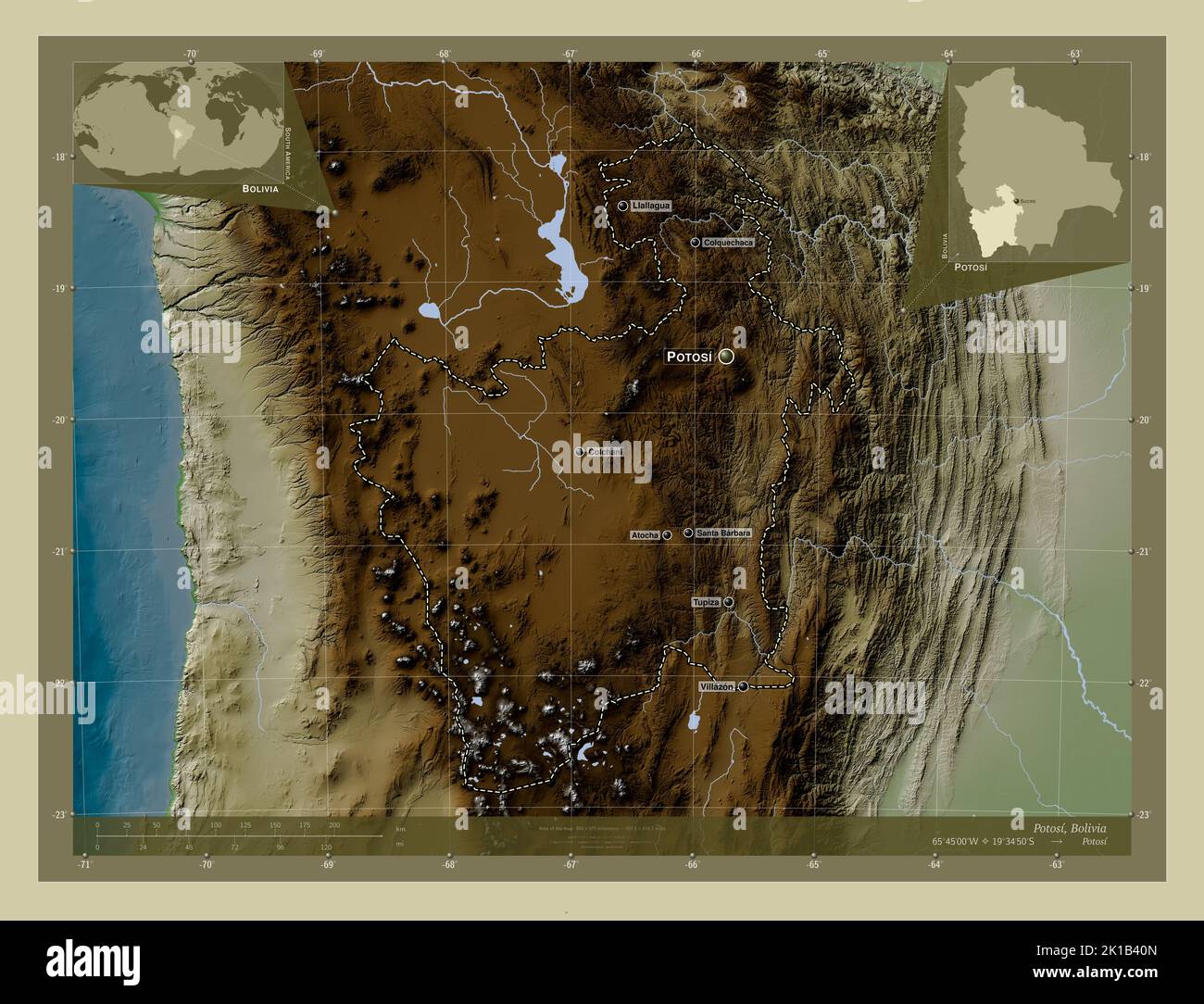Potosi, department of Bolivia. Elevation map colored in wiki style with ...