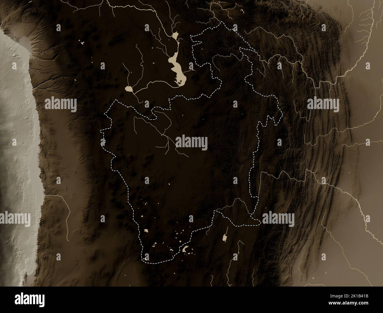 Potosi, department of Bolivia. Elevation map colored in sepia tones with lakes and rivers Stock ...