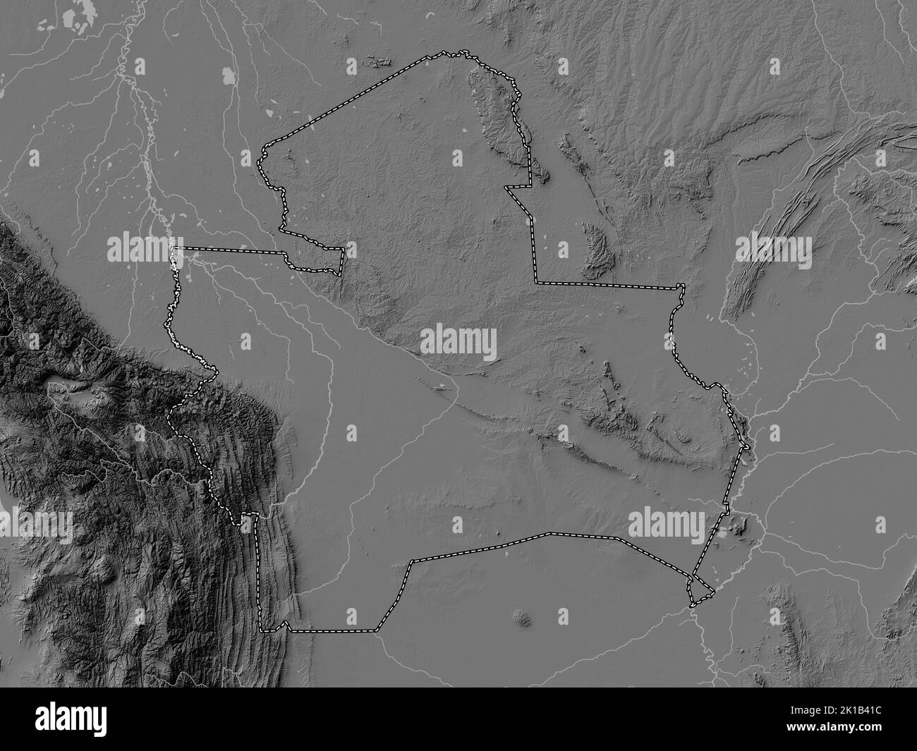 Santa Cruz, department of Bolivia. Bilevel elevation map with lakes and ...