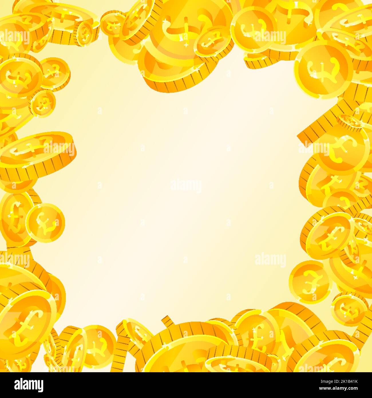 British pound coins falling. Scattered gold GBP coins. United Kingdom ...