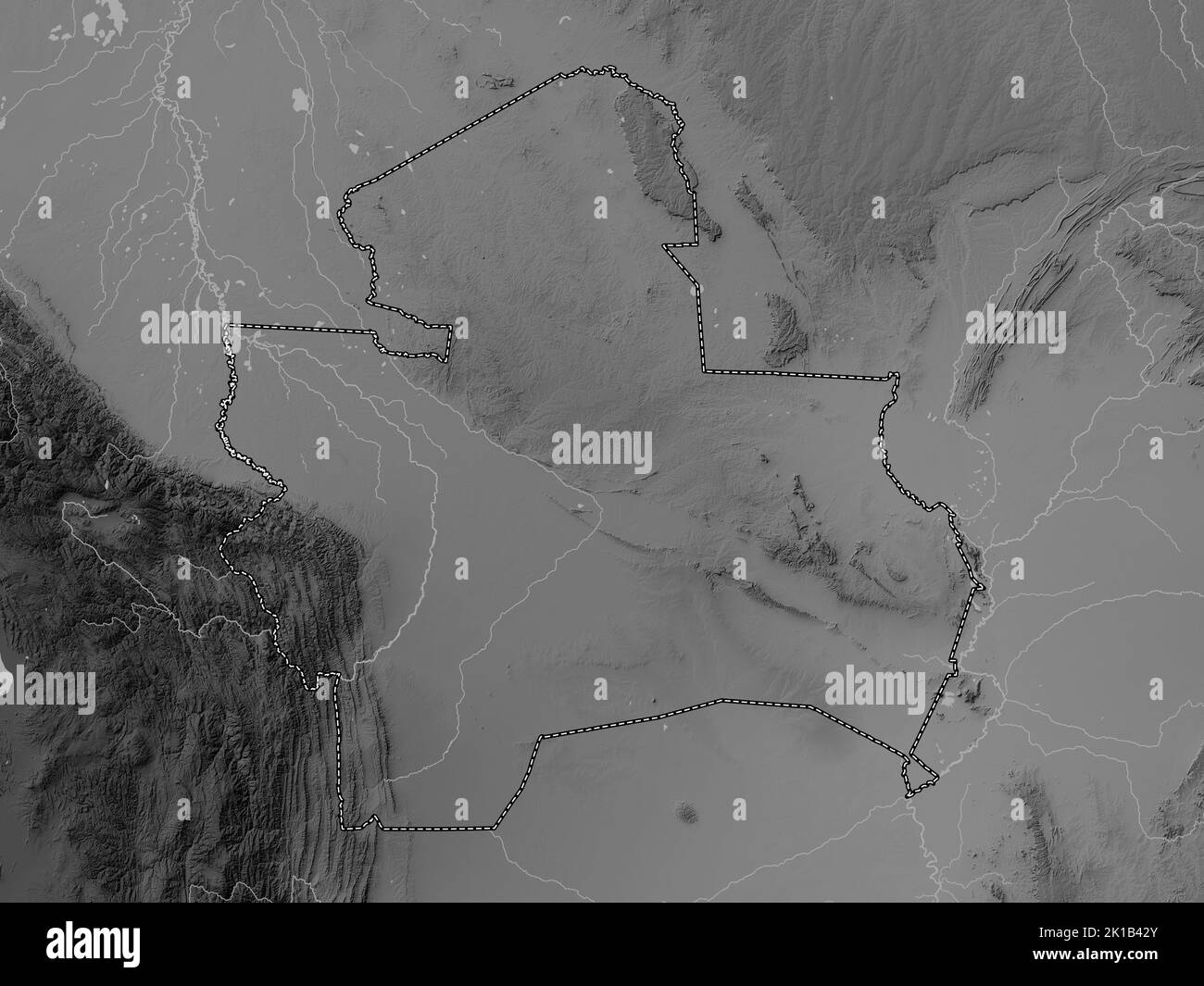 Santa Cruz, department of Bolivia. Grayscale elevation map with lakes and rivers Stock Photo - Alamy