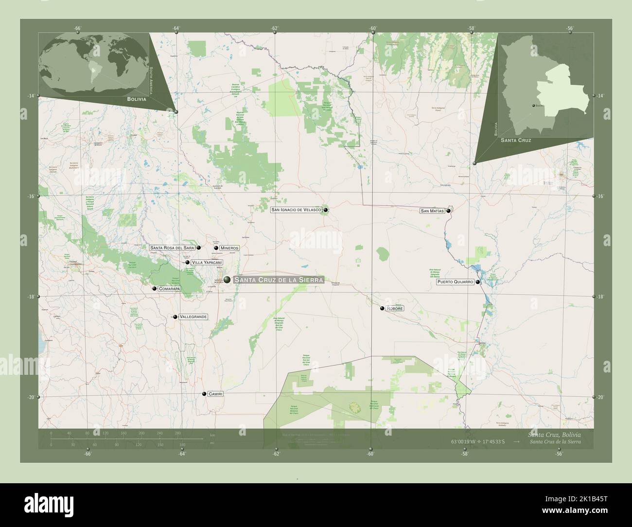 Santa Cruz, department of Bolivia. Open Street Map. Locations and names ...