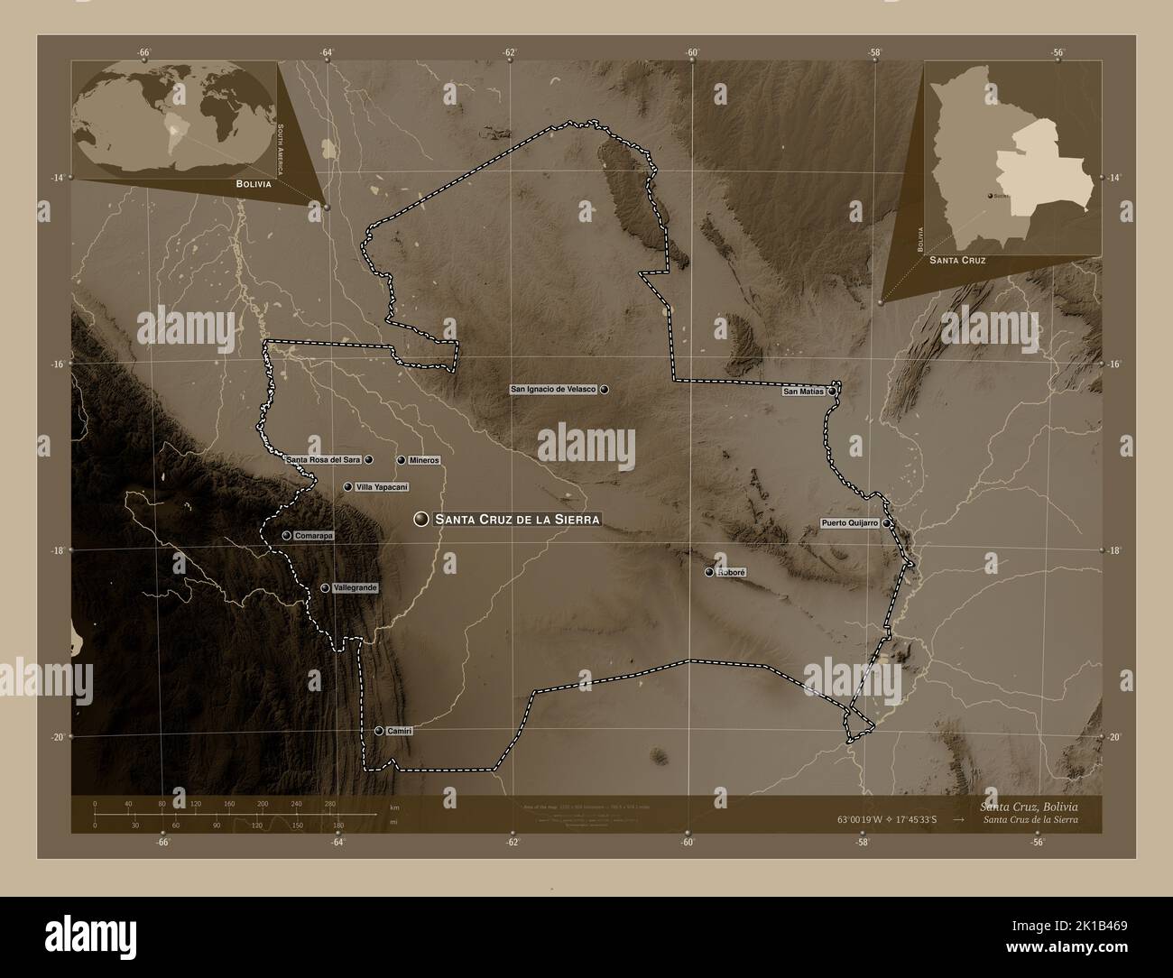 Santa Cruz, department of Bolivia. Elevation map colored in sepia tones with lakes and rivers ...