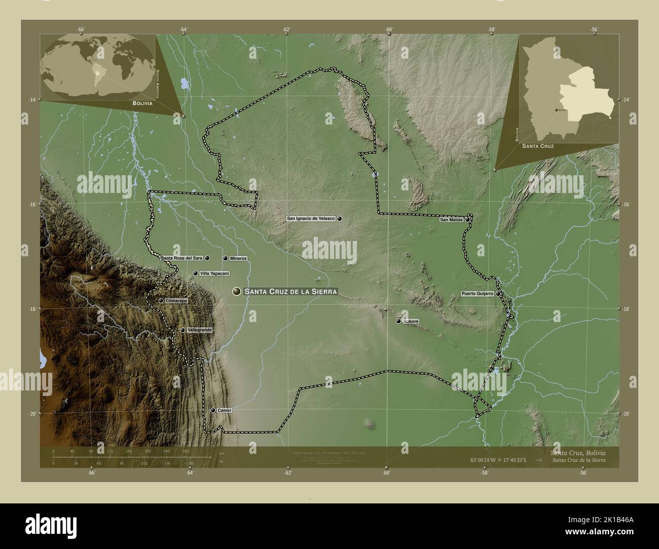 Santa Cruz, department of Bolivia. Elevation map colored in wiki style ...