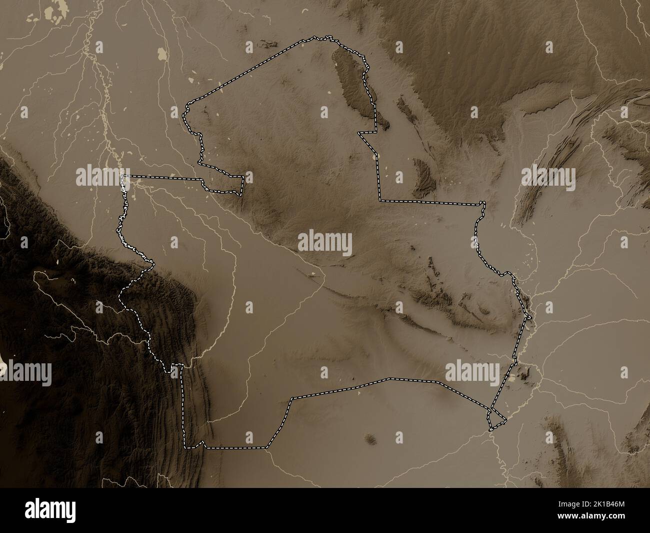 Santa Cruz, department of Bolivia. Elevation map colored in sepia tones with lakes and rivers ...