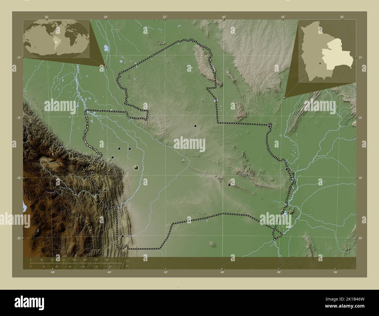 Santa Cruz, department of Bolivia. Elevation map colored in wiki style ...