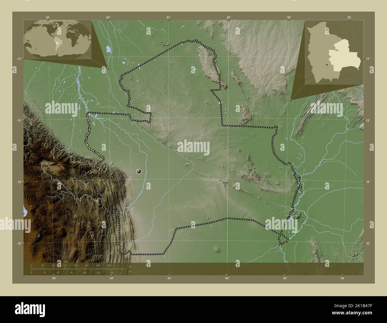 Santa Cruz, department of Bolivia. Elevation map colored in wiki style ...