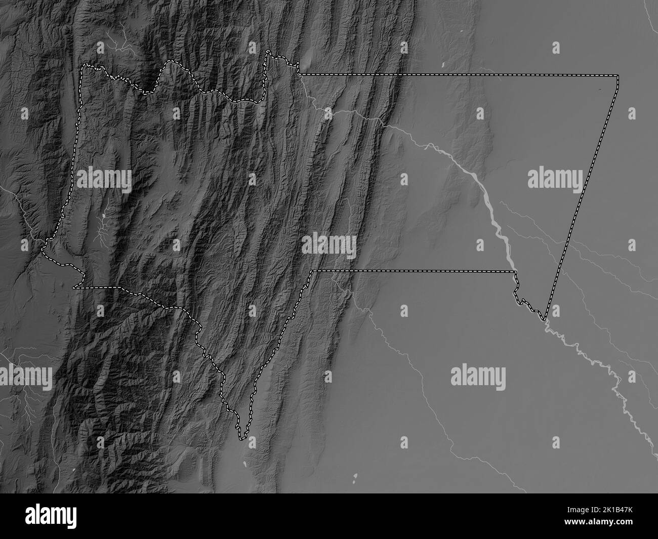 Tarija, department of Bolivia. Grayscale elevation map with lakes and rivers Stock Photo - Alamy