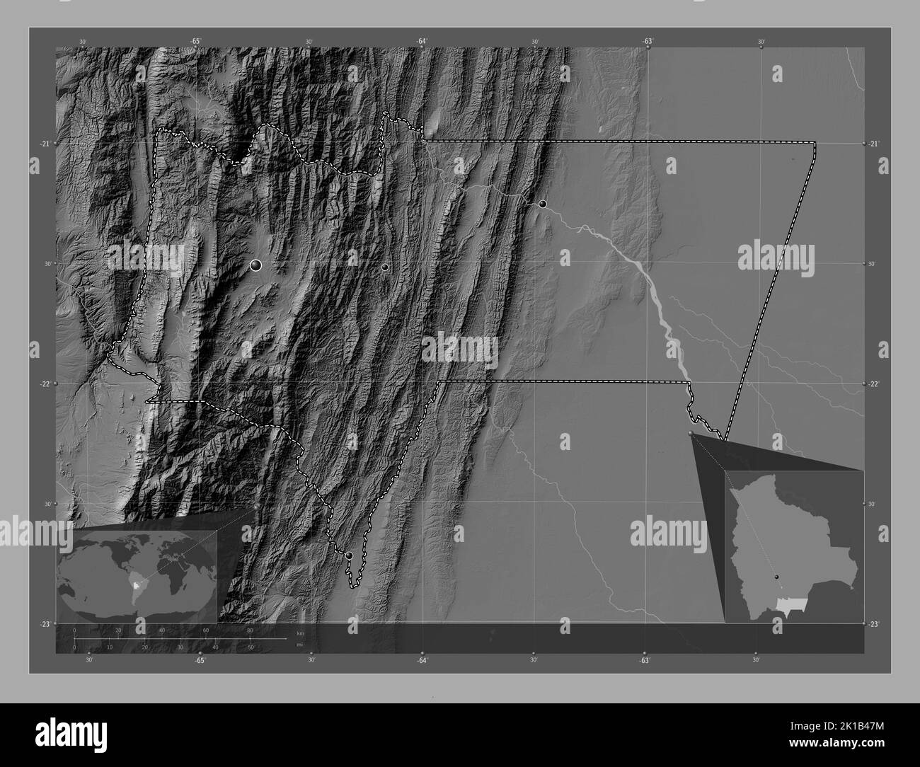 Tarija, department of Bolivia. Bilevel elevation map with lakes and ...