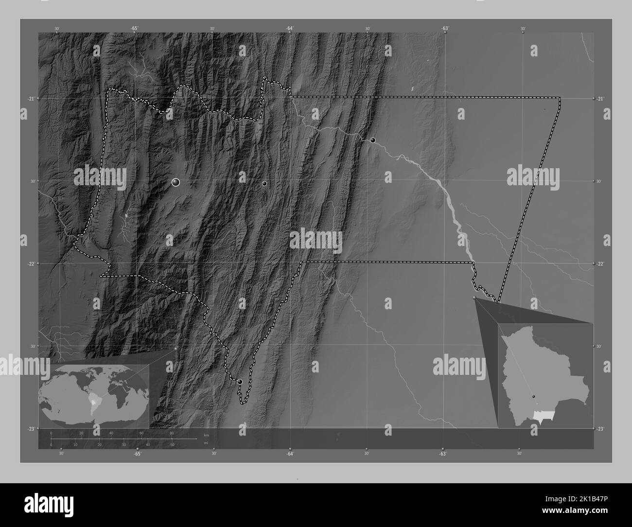 Tarija, department of Bolivia. Grayscale elevation map with lakes and ...