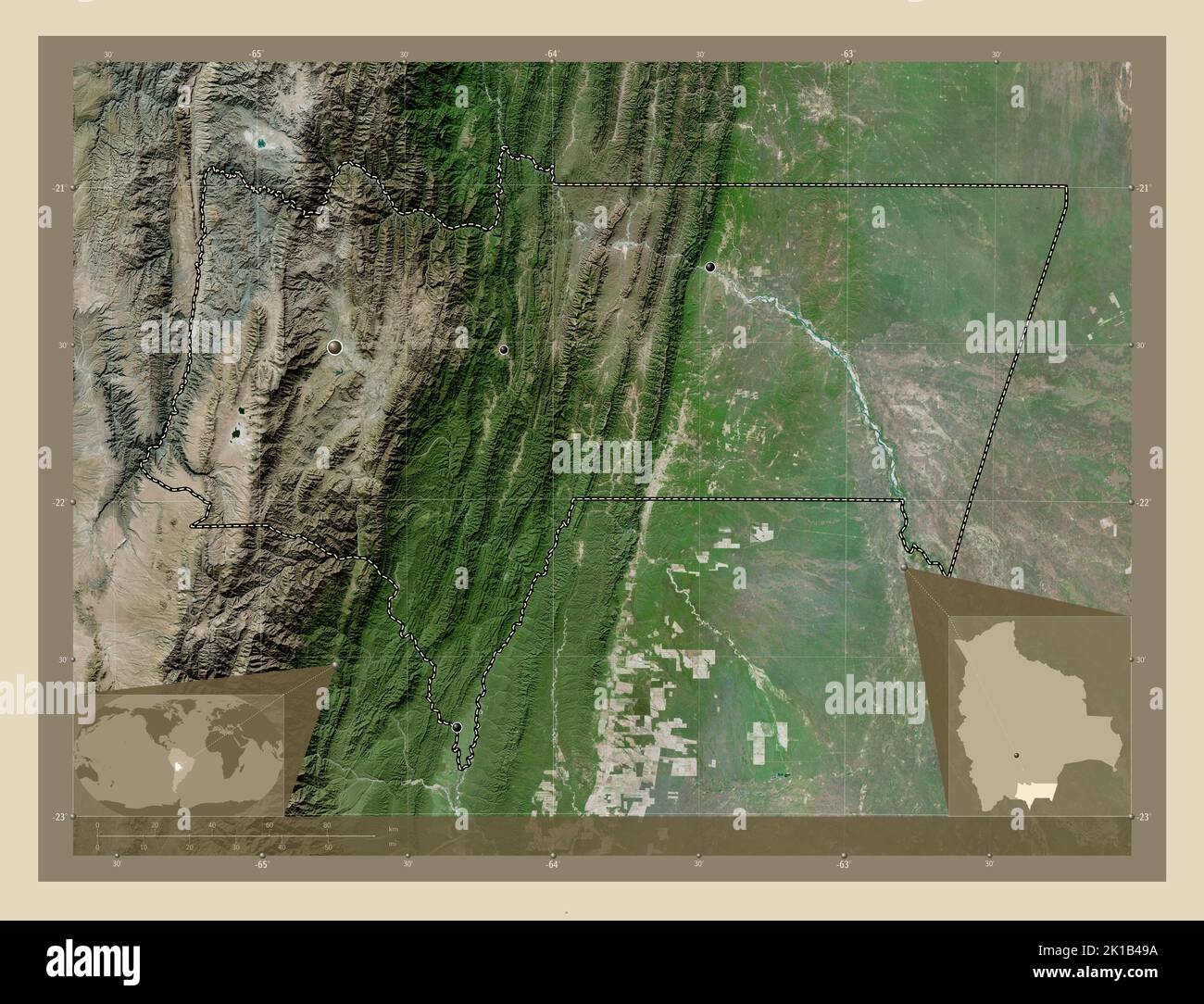 Tarija, department of Bolivia. High resolution satellite map. Locations ...