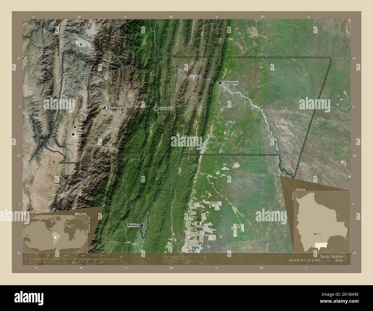 Tarija, department of Bolivia. High resolution satellite map. Locations ...