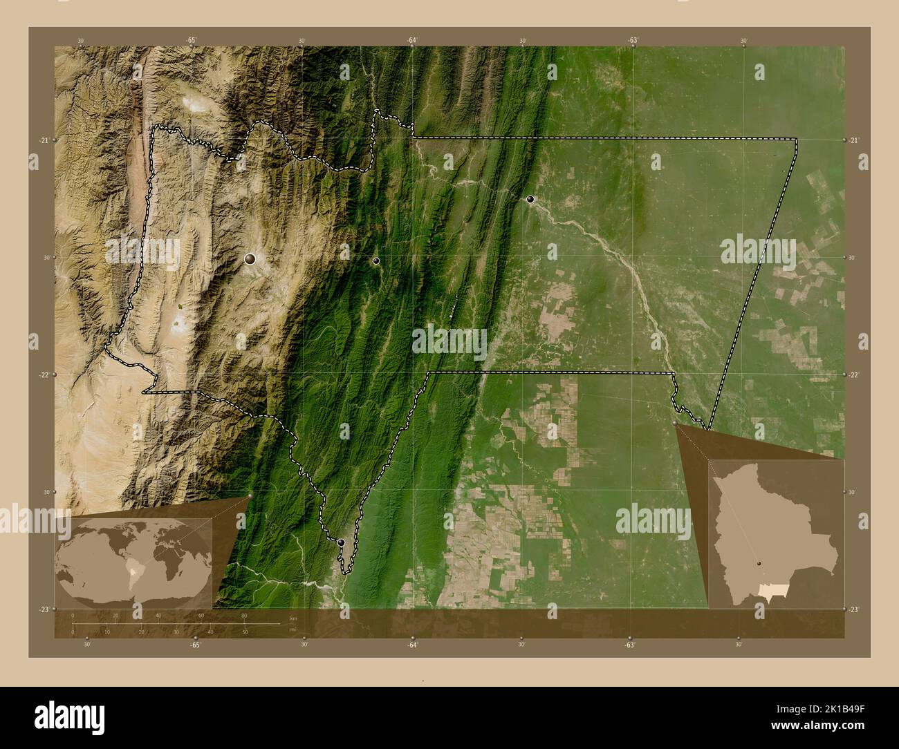 Tarija, department of Bolivia. Low resolution satellite map. Locations ...