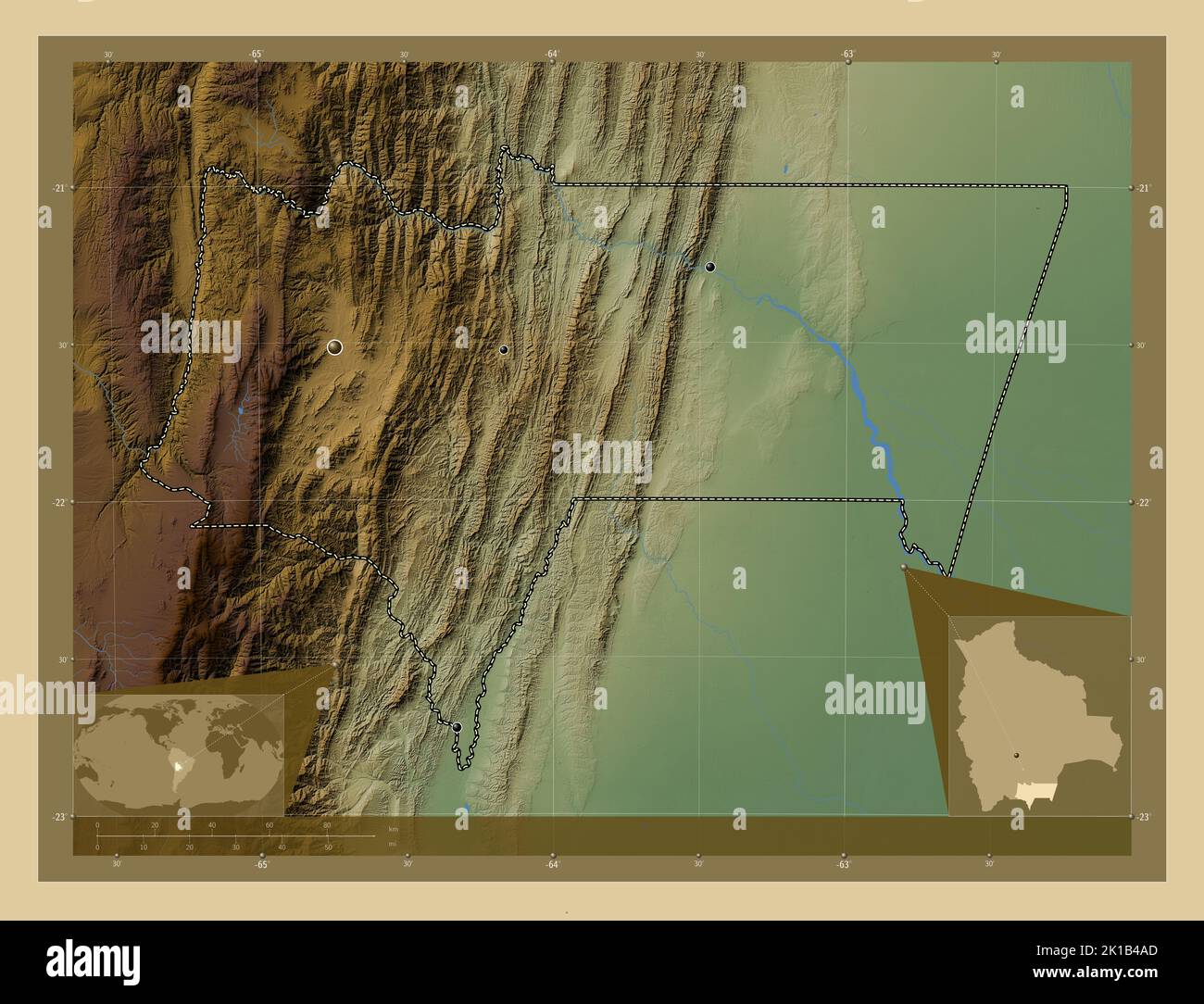 Tarija, department of Bolivia. Colored elevation map with lakes and ...
