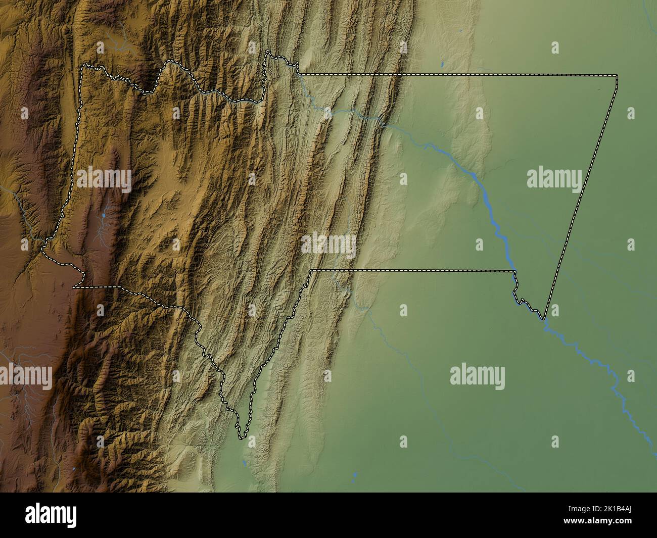 Tarija, department of Bolivia. Colored elevation map with lakes and rivers Stock Photo - Alamy