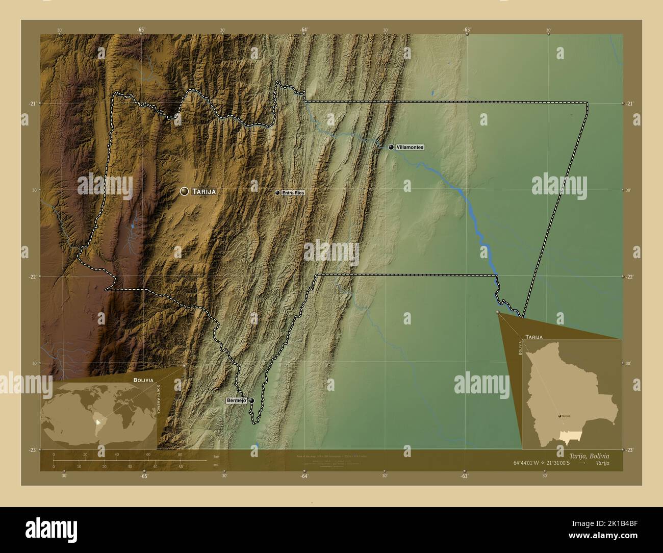 Tarija, department of Bolivia. Colored elevation map with lakes and rivers. Locations and names ...
