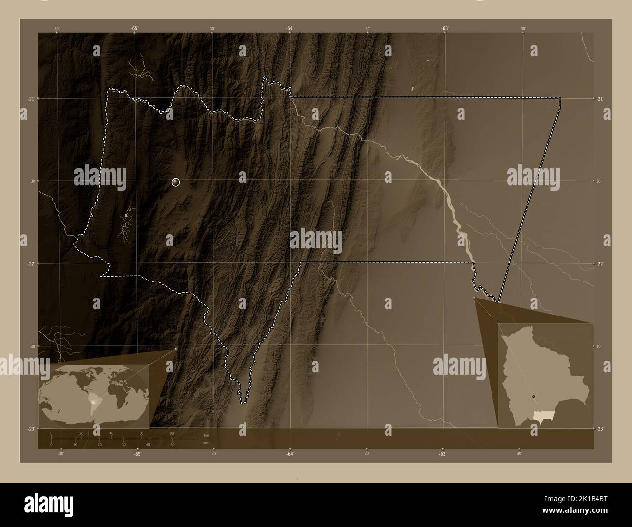 Tarija, department of Bolivia. Elevation map colored in sepia tones ...