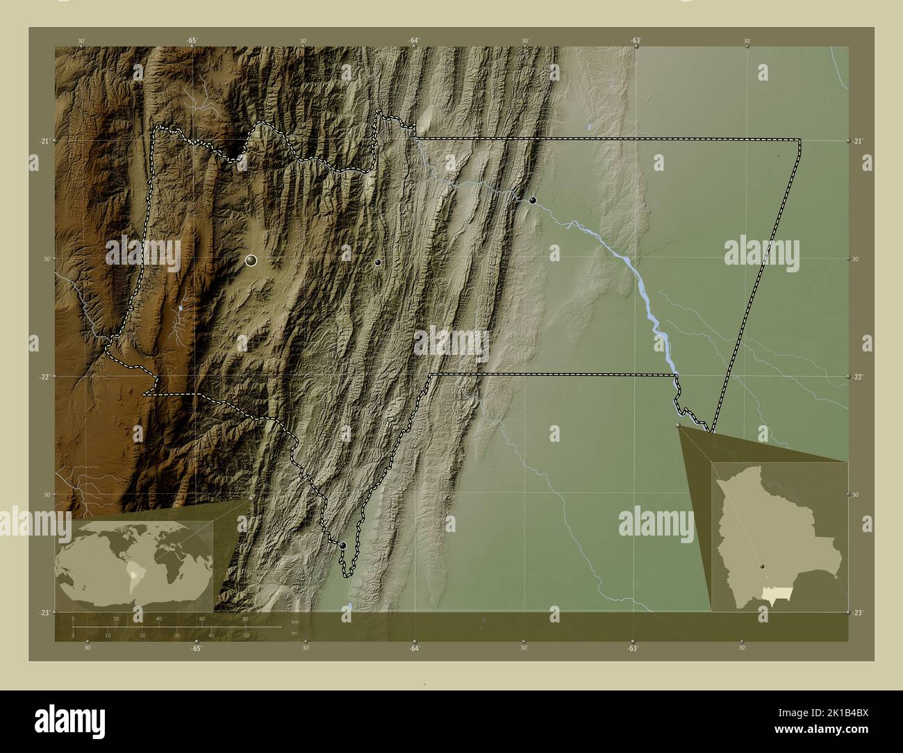 Tarija, department of Bolivia. Elevation map colored in wiki style with ...