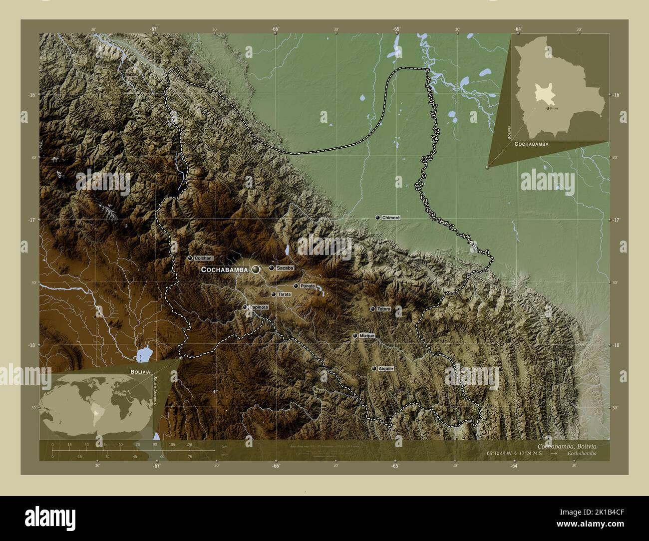 Cochabamba, department of Bolivia. Elevation map colored in wiki style with lakes and rivers ...