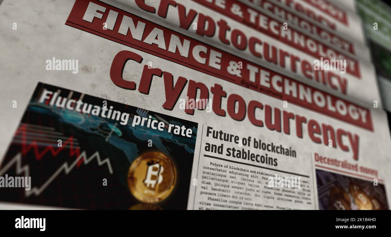 Cryptocurrency, bitcoin, blockchain and digital money. Newspaper print ...