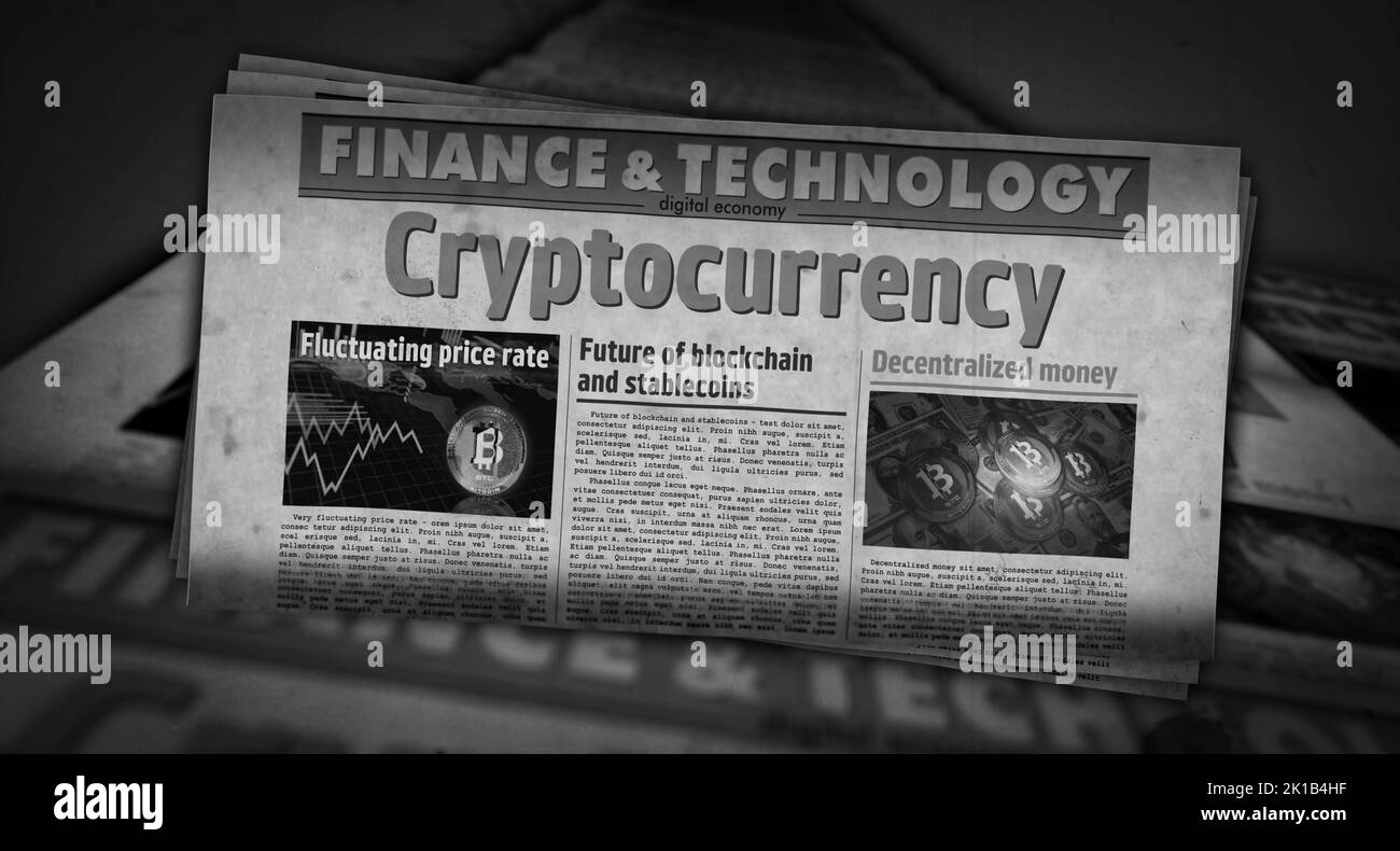 Cryptocurrency, bitcoin, blockchain and digital money. Newspaper print ...