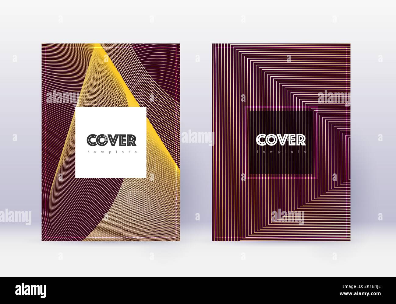 Hipster cover design template set. Gold abstract lines on maroon ...
