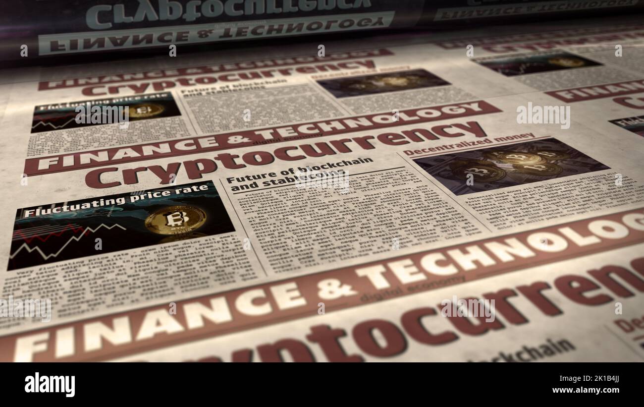 Cryptocurrency, bitcoin, blockchain and digital money. Newspaper print ...