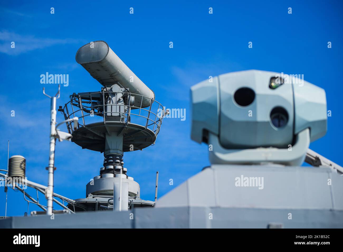 Image of a military radar air surveillance on navy ship tower Stock ...