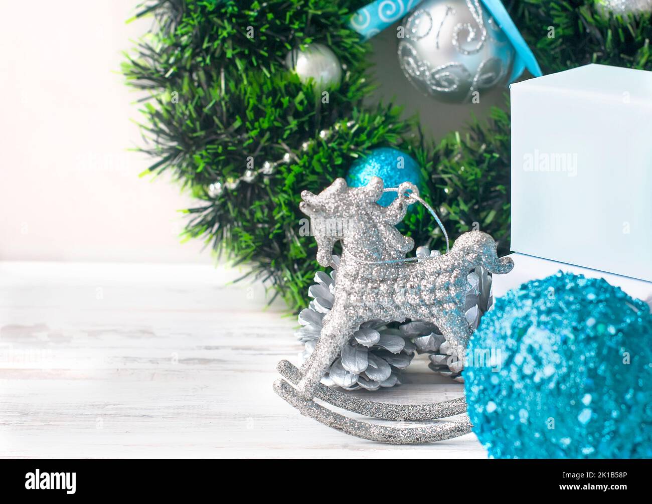 Christmas background. Merry Christmas branches,gift box, balls, ribbon ...