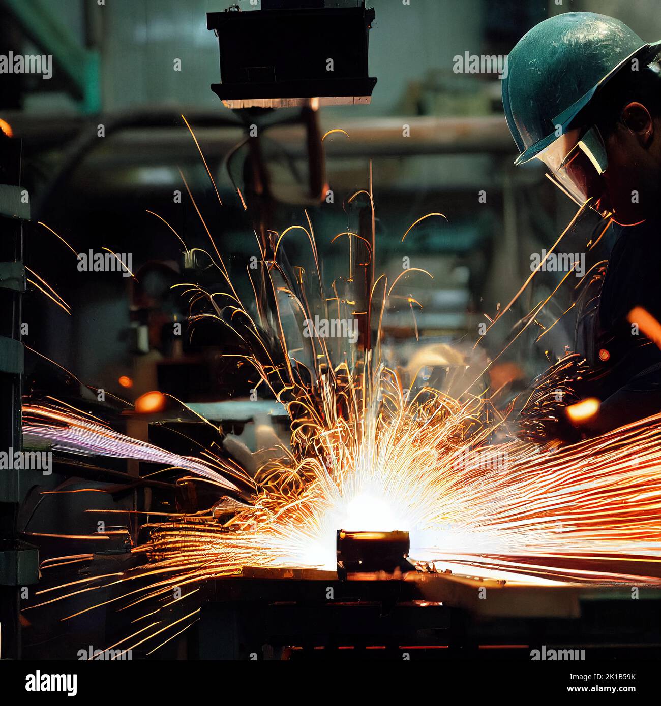 A welder wearing a protective mask and helmet captured in the process ...