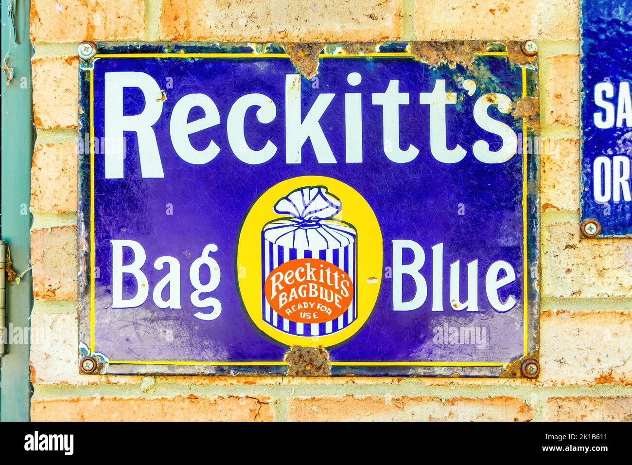 Reckitts bag blue on old vintage enamelled sign on wall at Beamish open ...