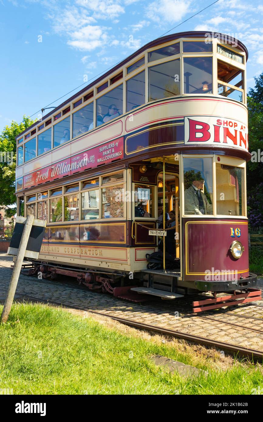 vintage electric tram in maroon with Binns store advertising at Beamish ...