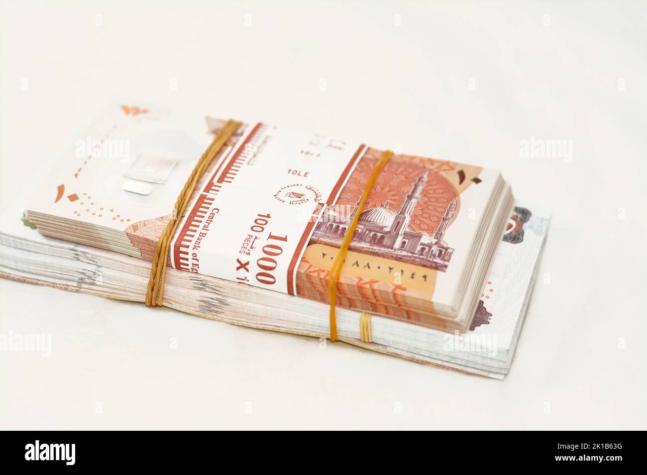 selective focus of stack of new Egyptian money banknotes currency of ...