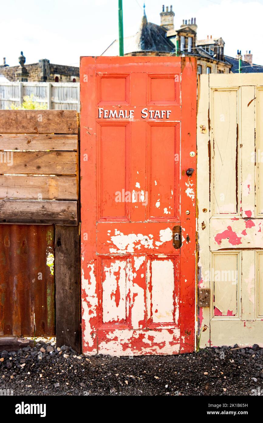 old school or factory wooden door marked female staff at Beamish open ...